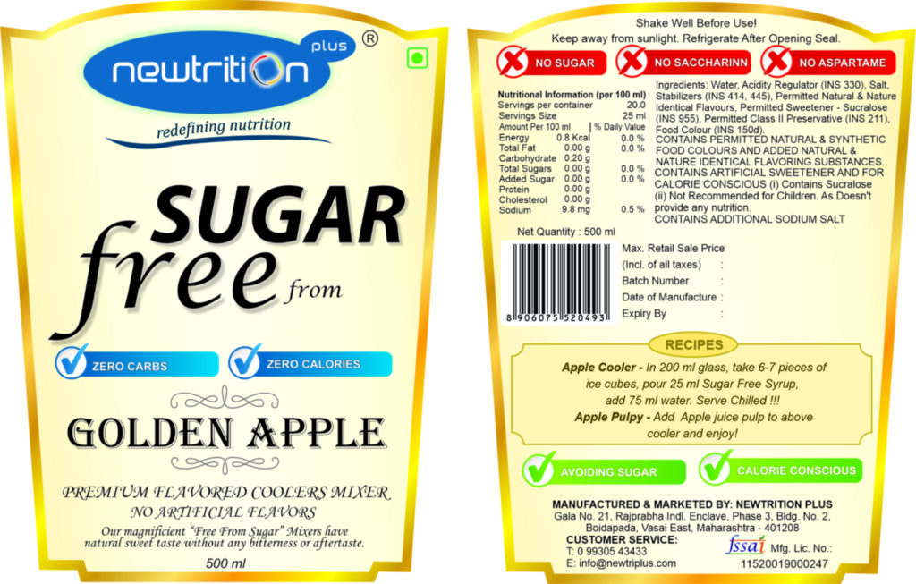 GOLDEN APPLE SUGAR FREE SYRUP | BUY APPLE SYRUP - Newtrition Plus
